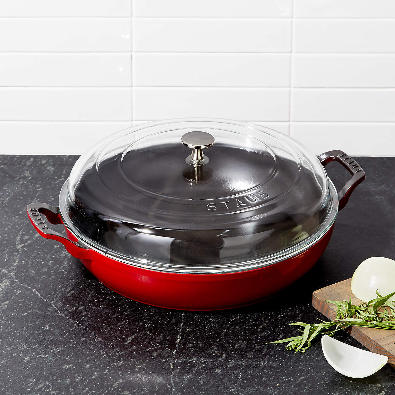 Staub 3.5-Qt Cherry Red Braiser with Glass Lid + Reviews | Crate & Barrel
