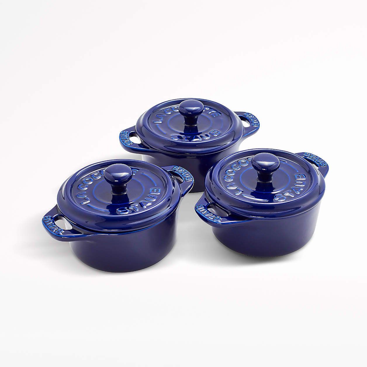 Staub Dark Blue Round Mini Cocottes, Set of 3 + Reviews | Crate & Barrel