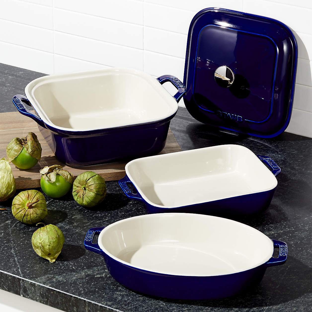 Staub Dark Blue 4-Piece Baking Set + Reviews | Crate & Barrel