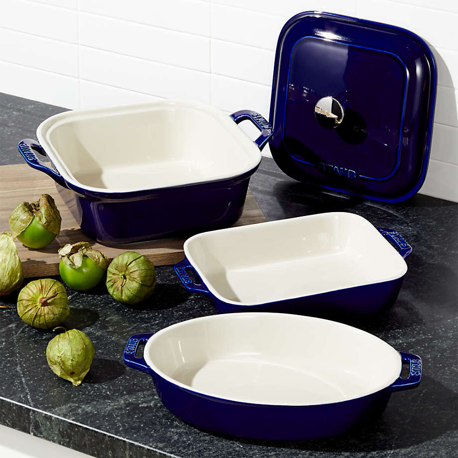 Staub Dark Blue 4-Piece Baking Set + Reviews | Crate & Barrel