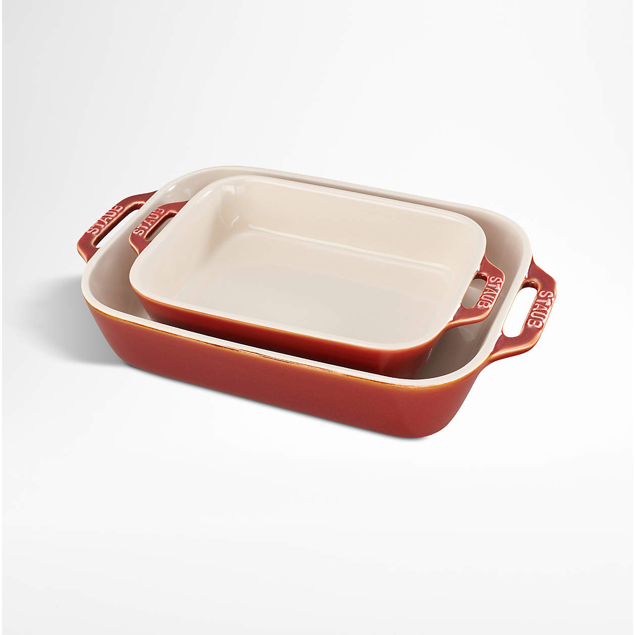 Staub Rustic Red 2-Piece Rectangular Baker Set + Reviews | Crate & Barrel