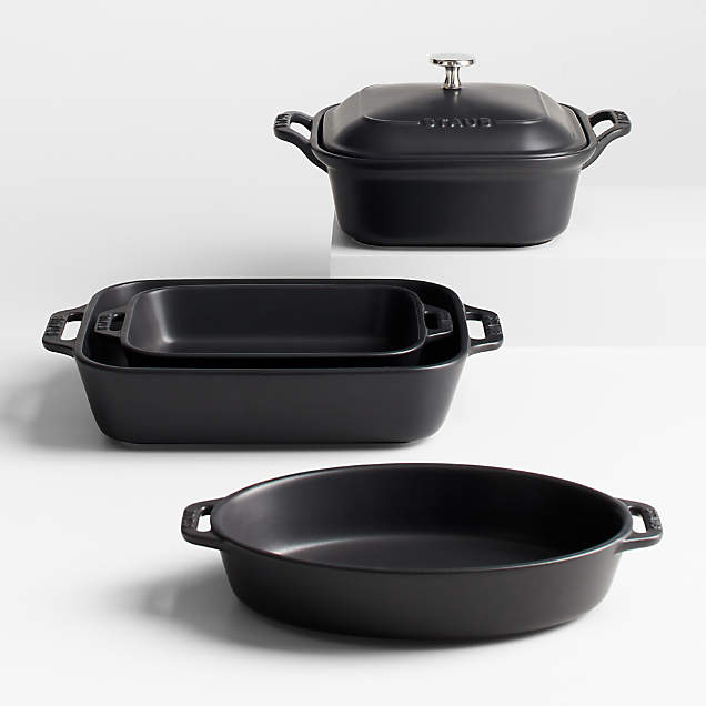 Staub Matte Black 2-Piece Oval Baker Set + Reviews | Crate & Barrel