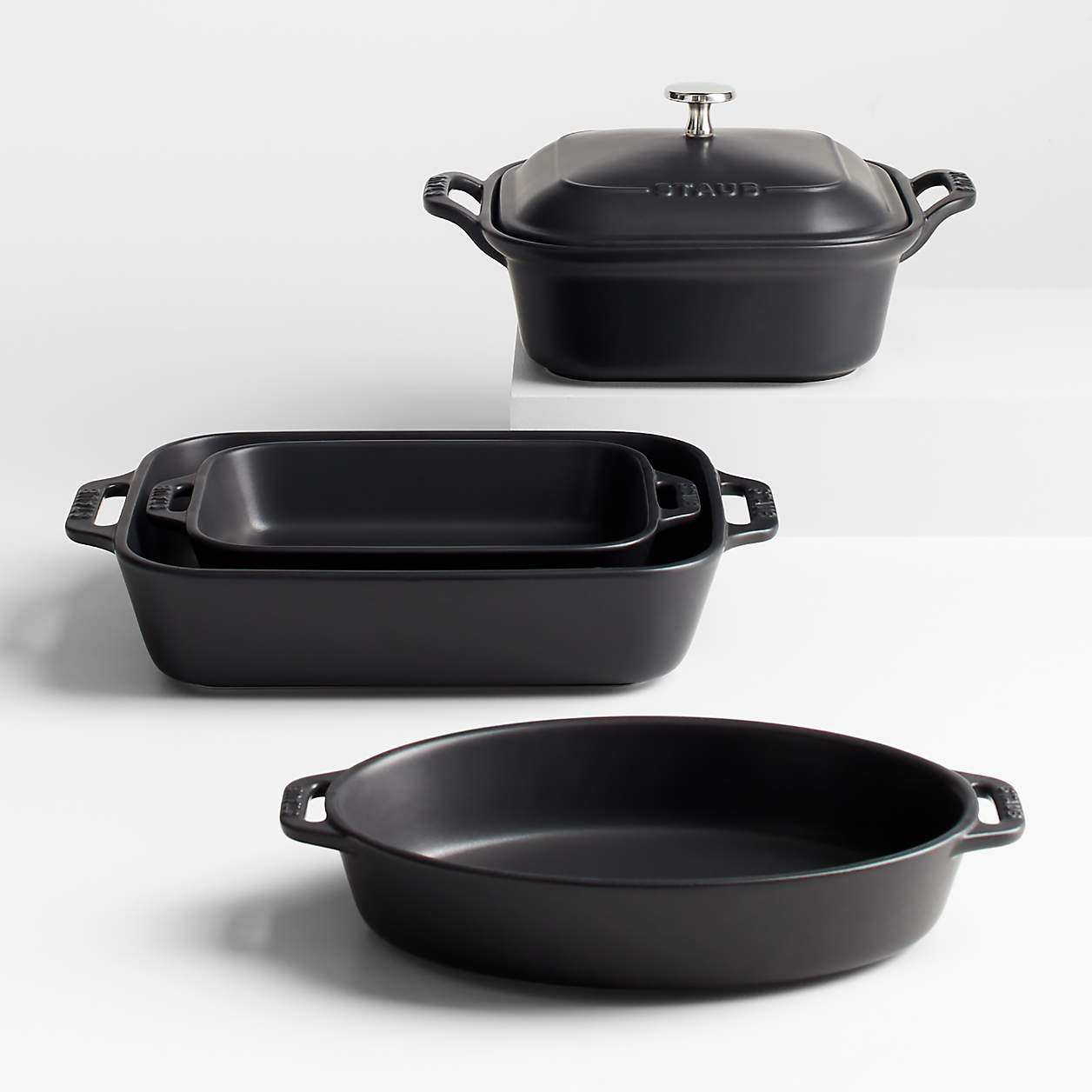 Staub Ceramics Matte Black 5-Piece Bakeware Set + Reviews | Crate & Barrel