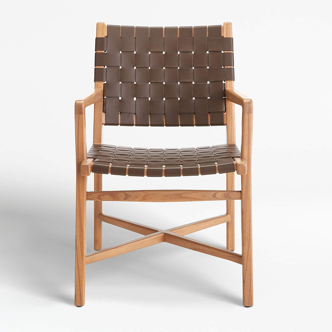 Taj Brown Woven Leather Dining Chair with Arms + Reviews | Crate & Barrel