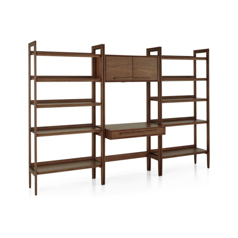 Tate Walnut Bookcase Desk with Outlet with 2 Wide Bookcases | Crate ...