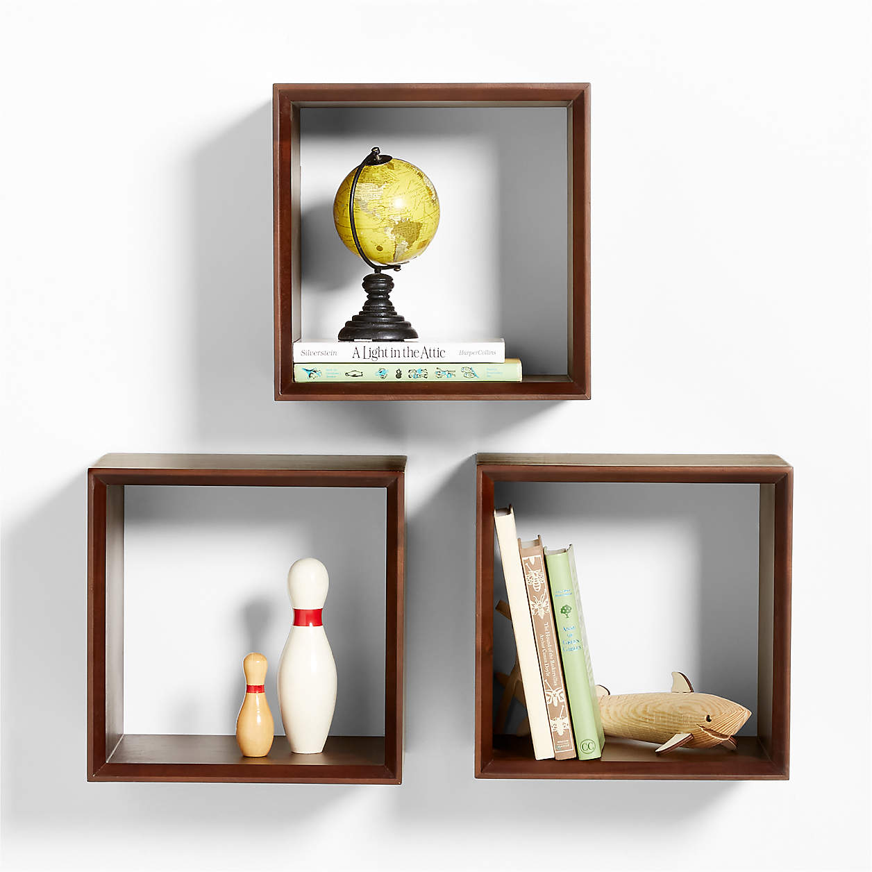 Tatum Walnut Brown Wood Floating Cube Shelves, Set of 3 | Crate & Kids