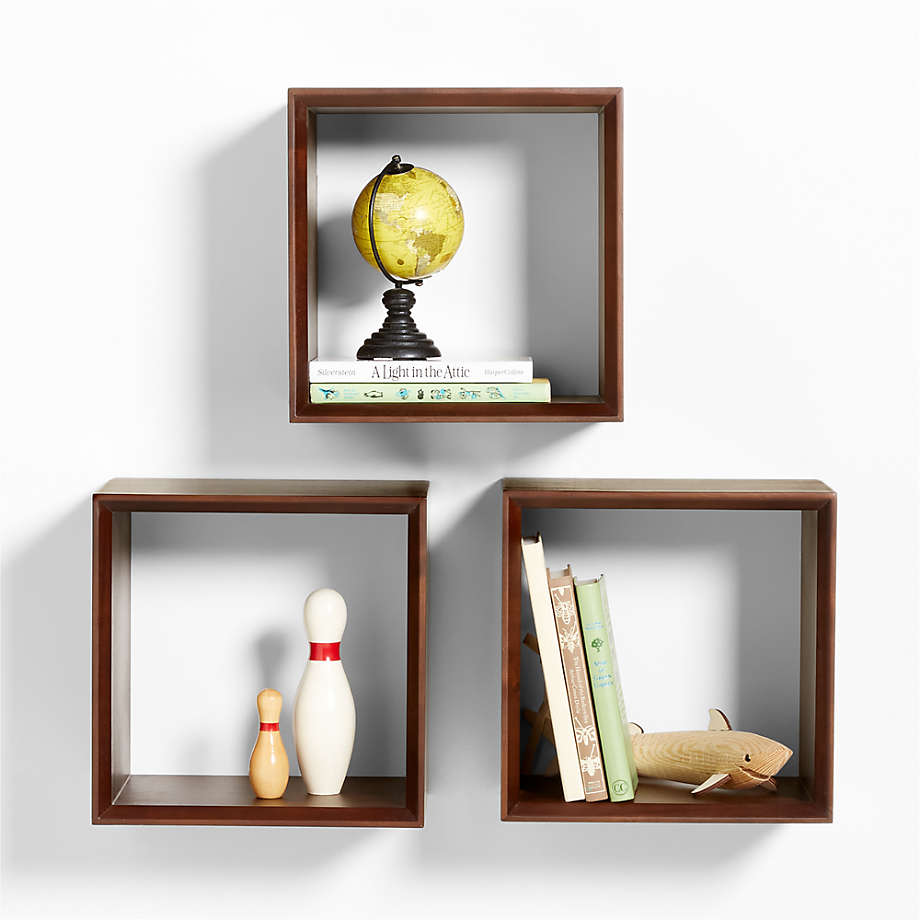 Tatum Walnut Brown Wood Floating Cube Shelves, Set of 3 | Crate & Kids