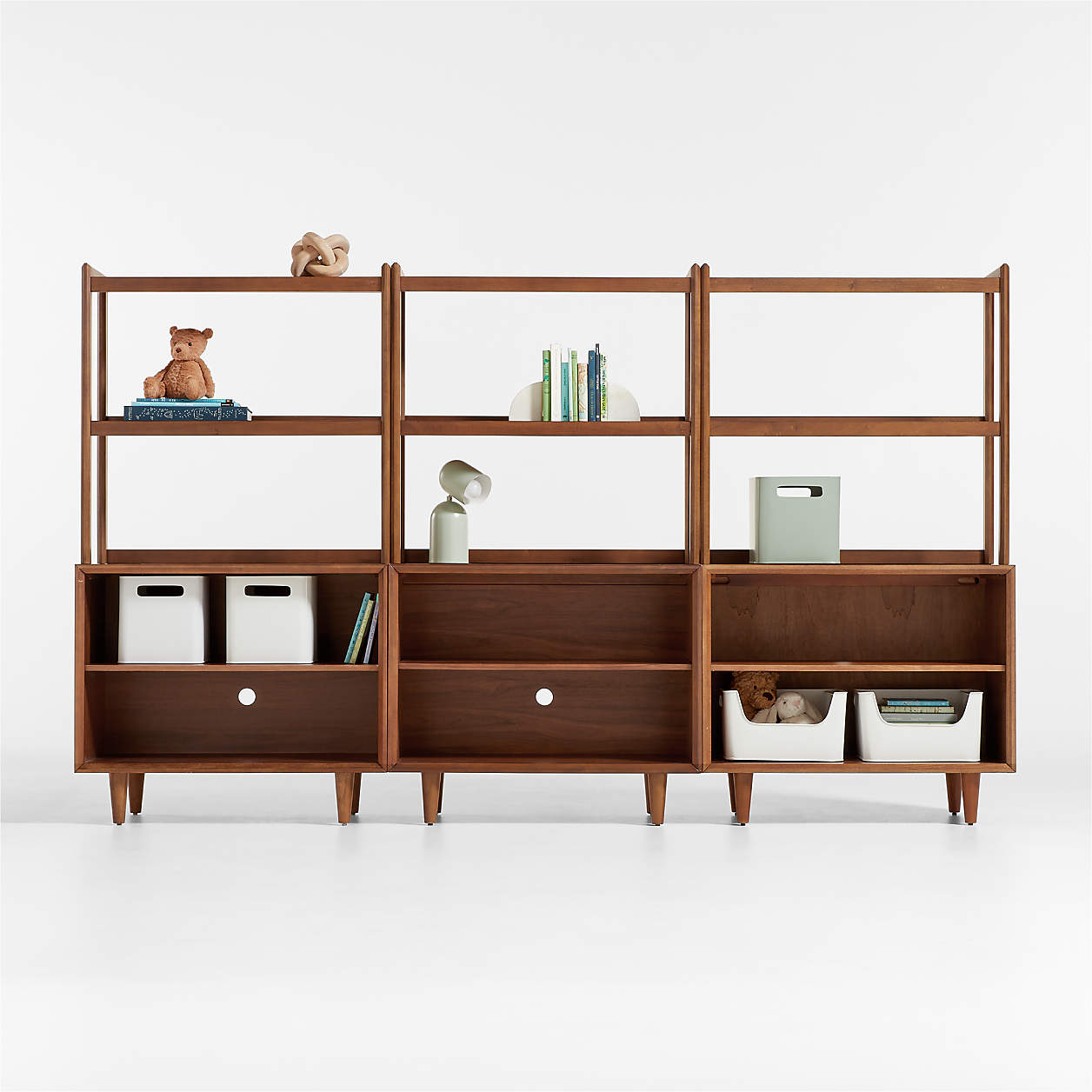 Tatum Set of 3 Modular Walnut Wood Kids Open Bookcases with Hutches ...