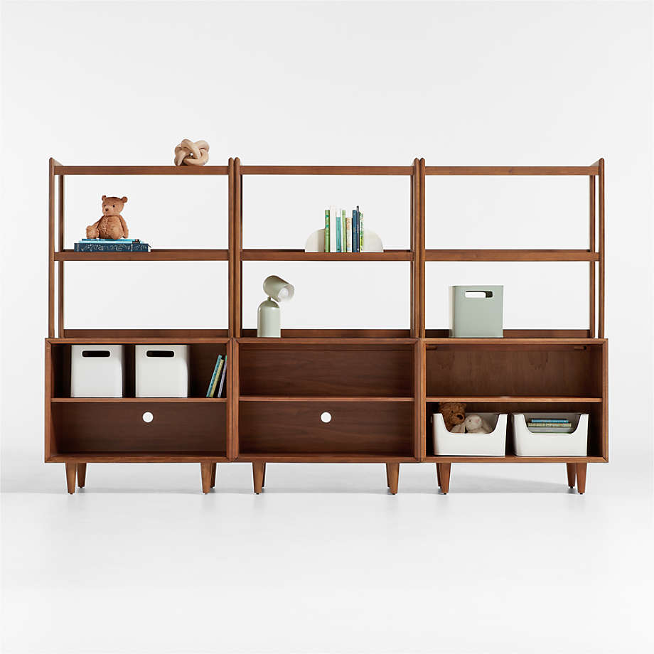 Tatum Set of 3 Modular Walnut Wood Kids Open Bookcases with Hutches ...