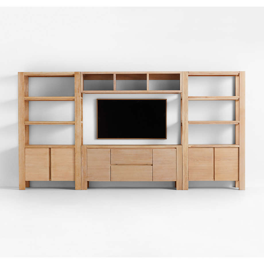 Terra Natural White Oak Wood Storage Media Console with 2 Bookcases ...