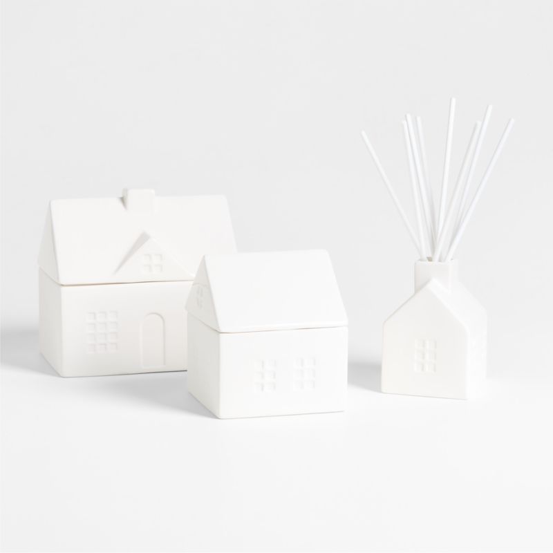 White Ceramic House Holiday Scented Candles and Diffuser - Balsam and ...