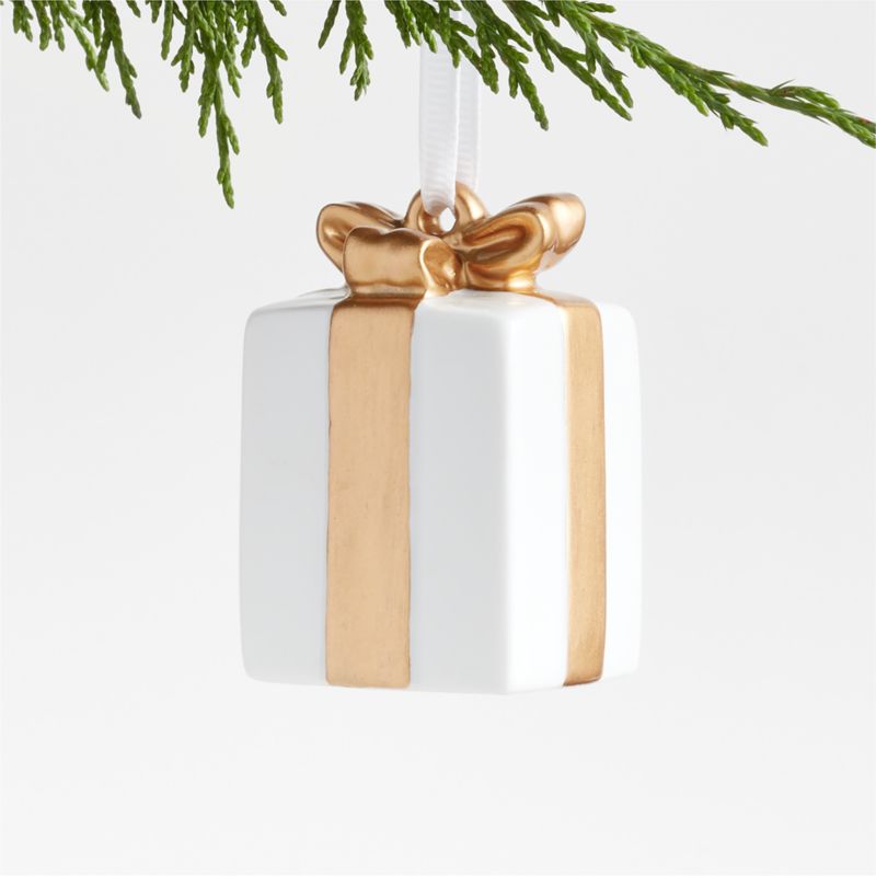 Rectangle White & Gold Ceramic Christmas Present Ornament | Crate & Barrel