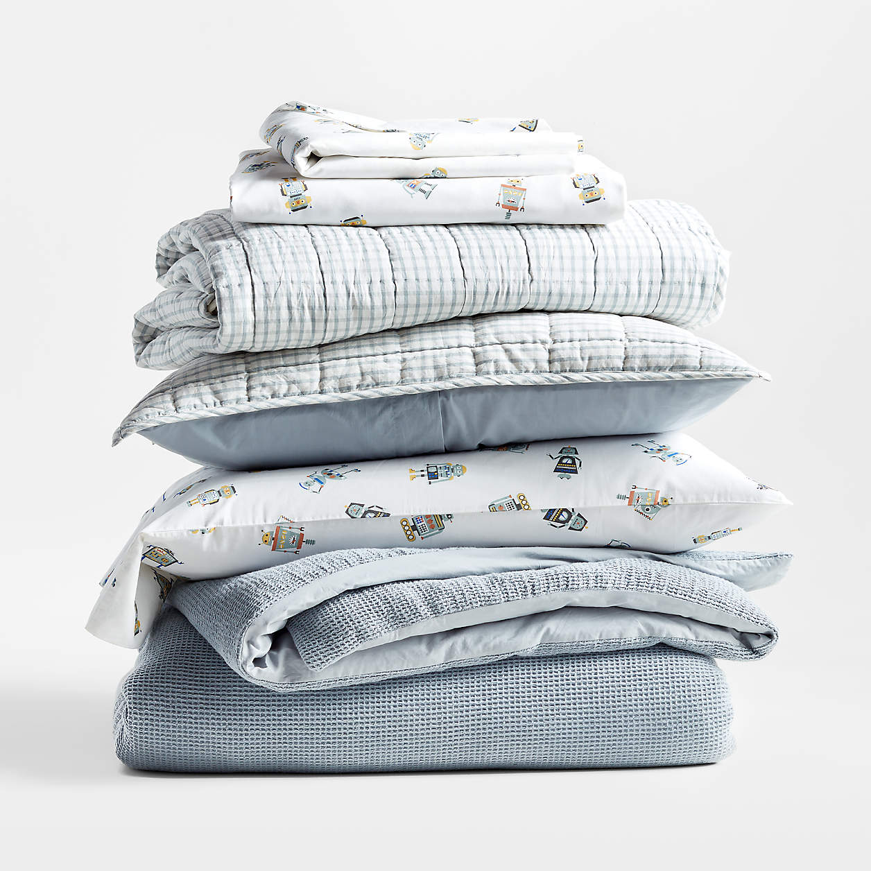 Blue Windowpane Plaid Cotton Kids Bedding Bundle Set | Crate & Kids