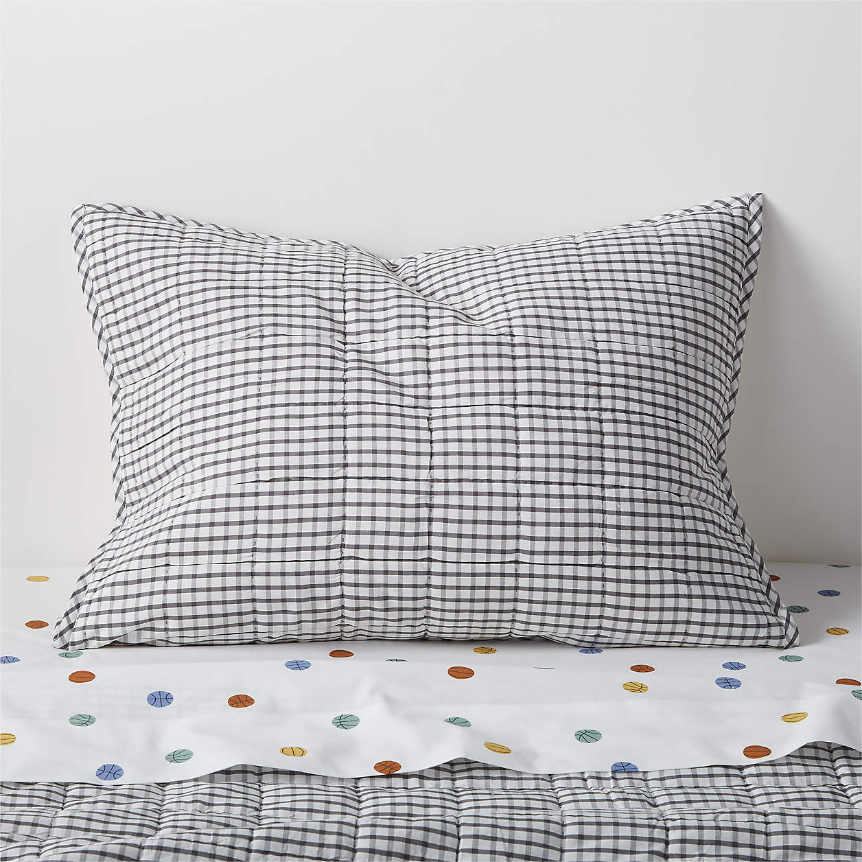 Kids Grey Windowpane Plaid Cotton Pillow Sham | Crate & Kids